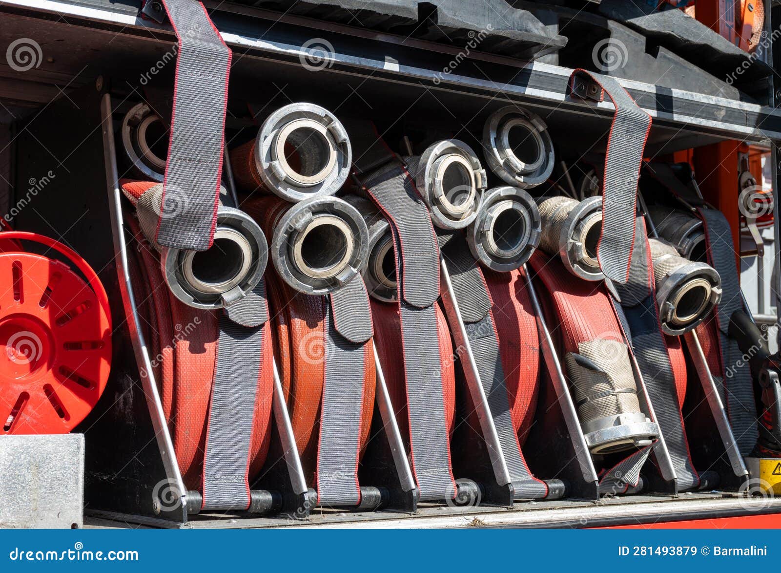 Fire Engine Equipment from the Inside - Fire Hose Hoses Ready for Use ...