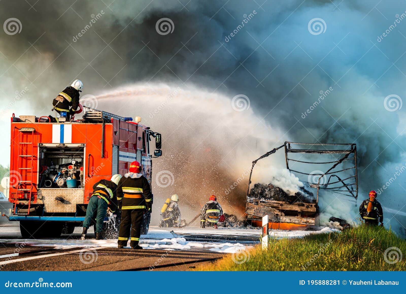 Fire Engine Extinguishes a Fire on the Road Stock Image - Image of ...
