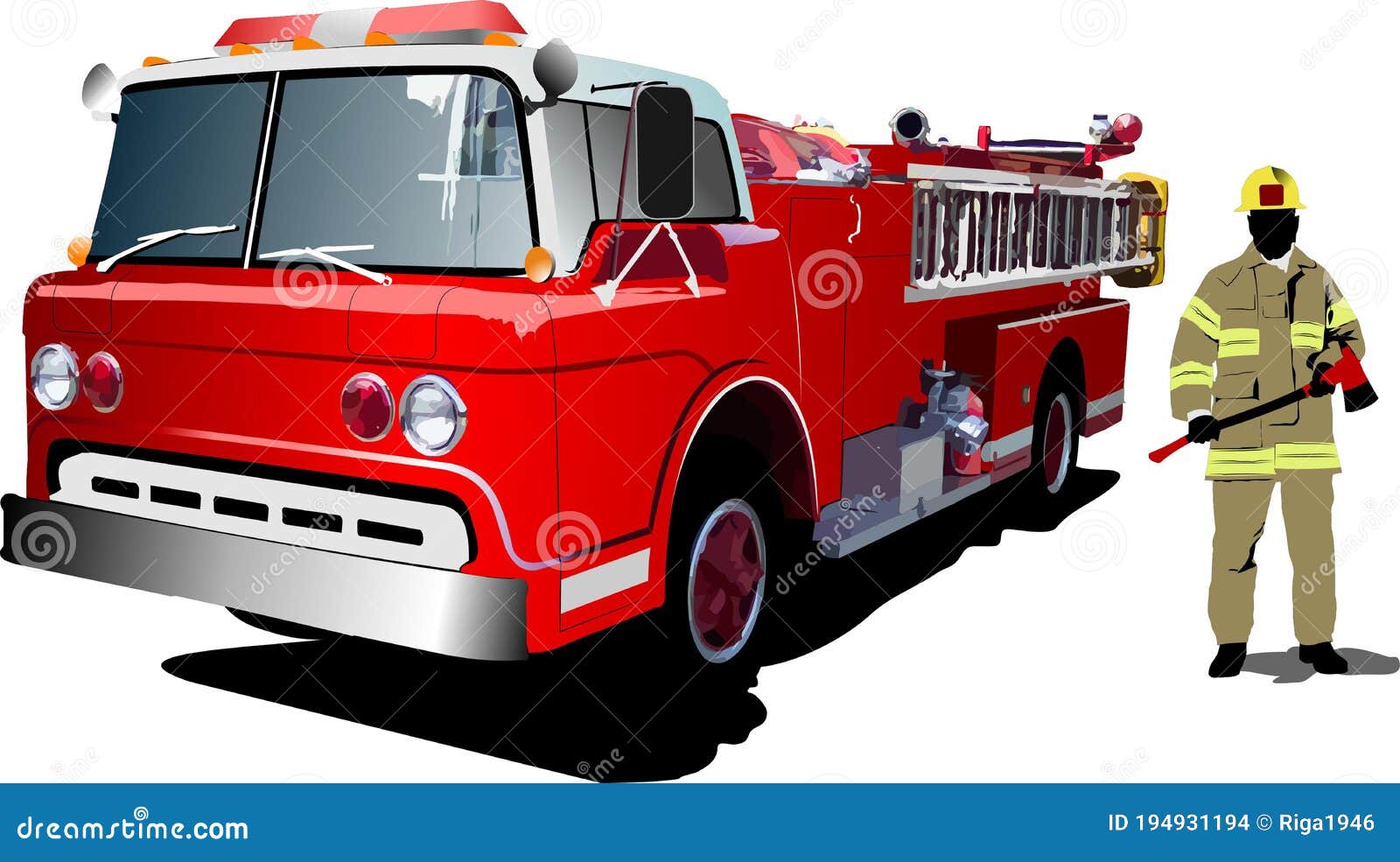 Fire Engine and Fireman Isolated on Background. Stock Vector ...