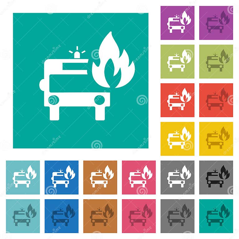 Fire Engine with Flame Square Flat Multi Colored Icons Stock Vector - Illustration of frontview ...