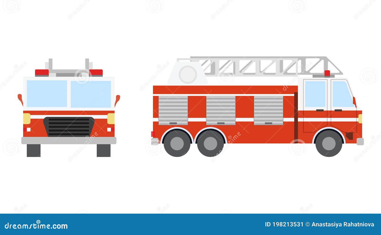 Fire Engine in Flat Style. Front View and Side View, Isolated on White ...