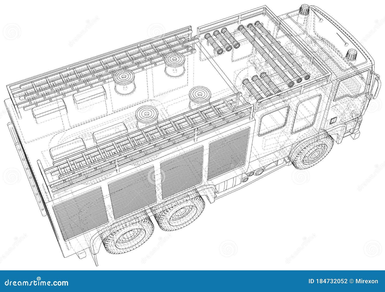 Fire Engine Illustration Vector. Fire Truck Wire-frame Line Isolated ...