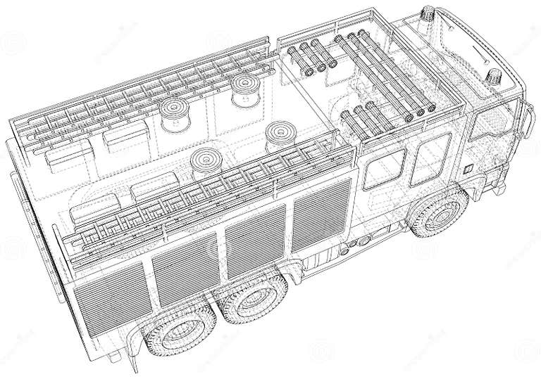 Fire Engine Illustration Vector. Fire Truck Wire-frame Line Isolated ...