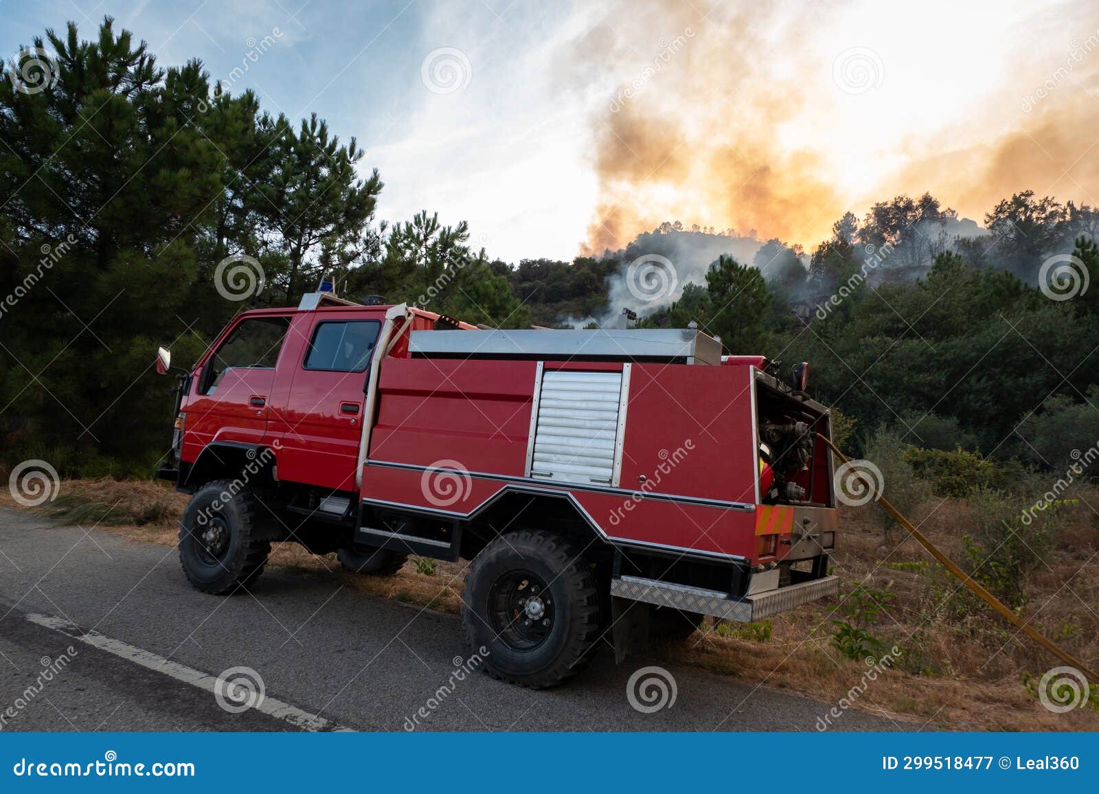 The Fire Engine Next To a Road in Fighting a Forest Fire Stock Image ...