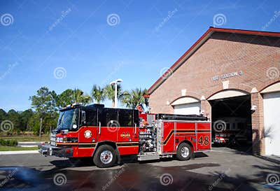 Fire Engine Parked in Front of Station Number 3 Stock Photo - Image of ...