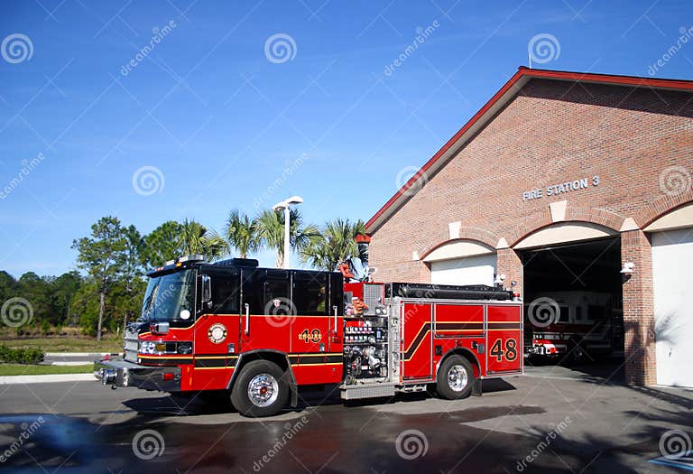 Fire Engine Parked in Front of Station Number 3 Stock Photo - Image of ...