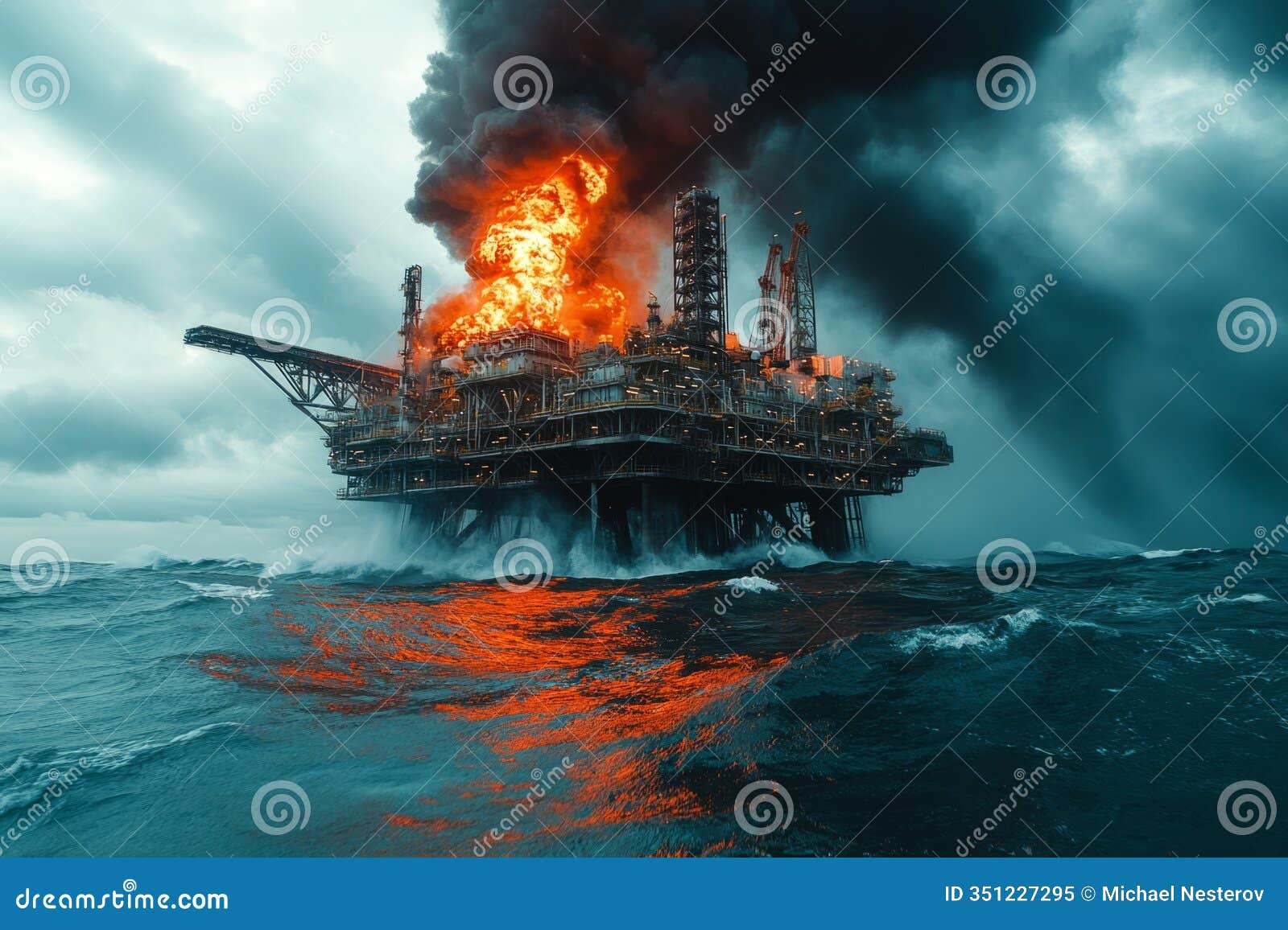Fire Engulfing Offshore Oil Rig during Storm, Causing Environmental ...