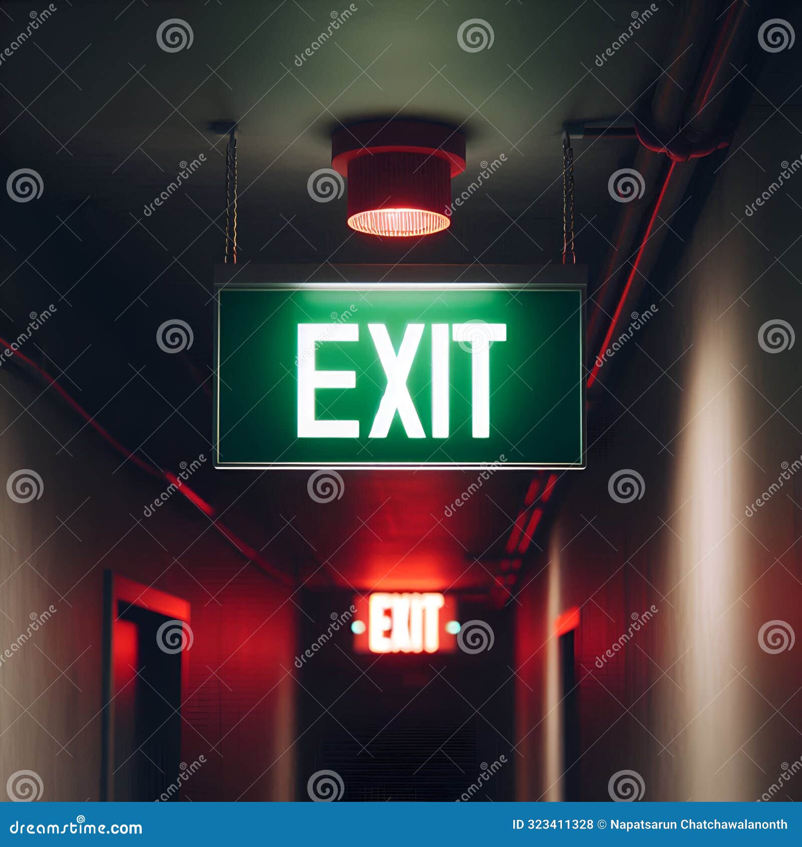 Fire Escape Signage Along Walkway, Generative AI. Stock Illustration ...