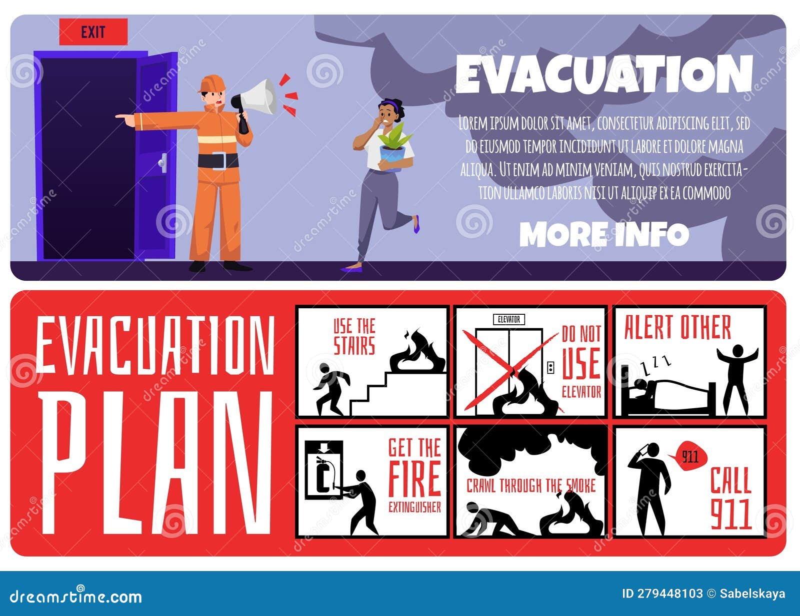 Fire Evacuation Infographic Posters Set, Flat Cartoon Vector ...