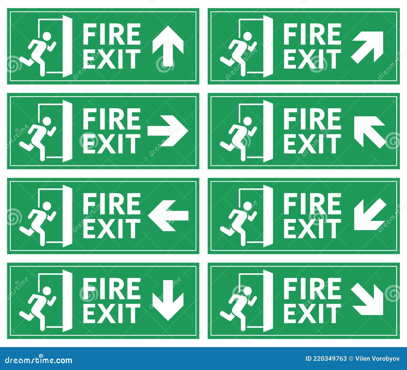 Fire Exit Green Signs, Stickers Set Stock Vector - Illustration of ...