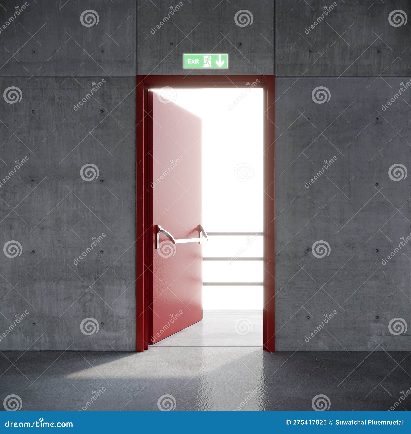 Fire Exit Red Door in Concrete Space Building. 3d Stock Illustration ...