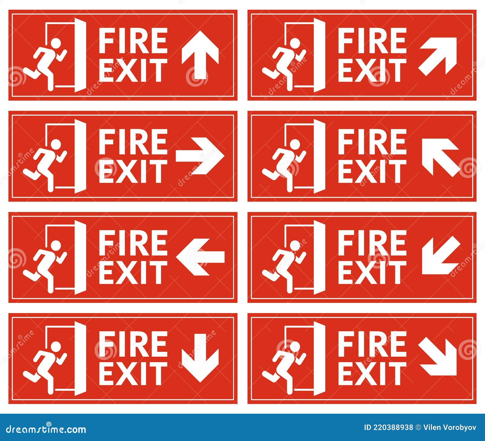 Fire Exit Red Signs and Stickers Set Stock Vector - Illustration of ...