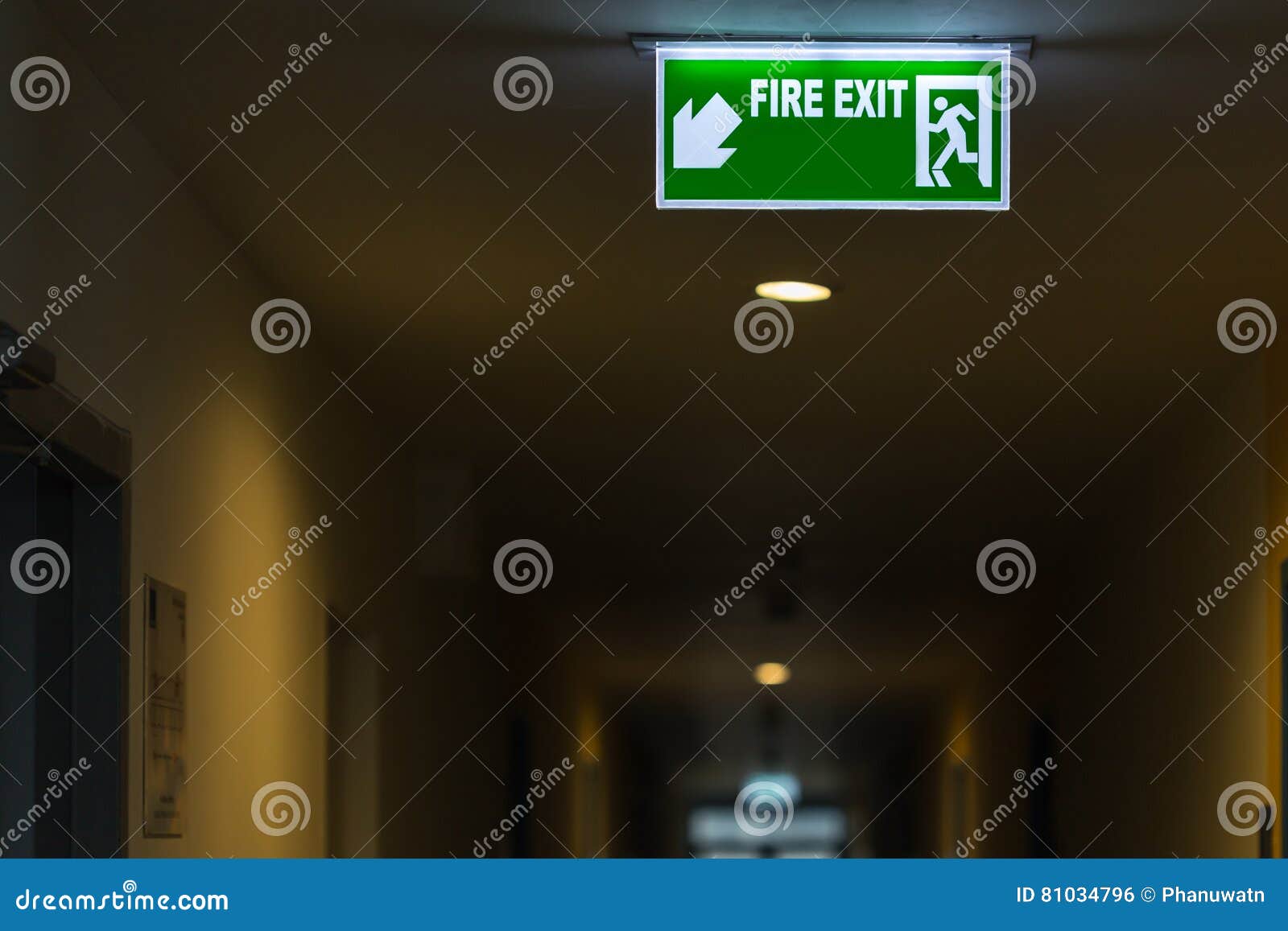Fire Exit Sign in Hotel Corridor Stock Photo - Image of modern ...