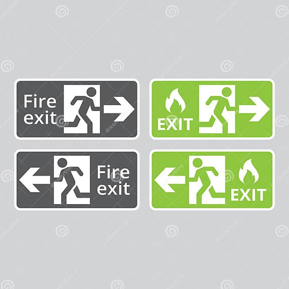 Fire Exit Vector Sticker Set. Emergency Evacuation Signs Stock Vector ...