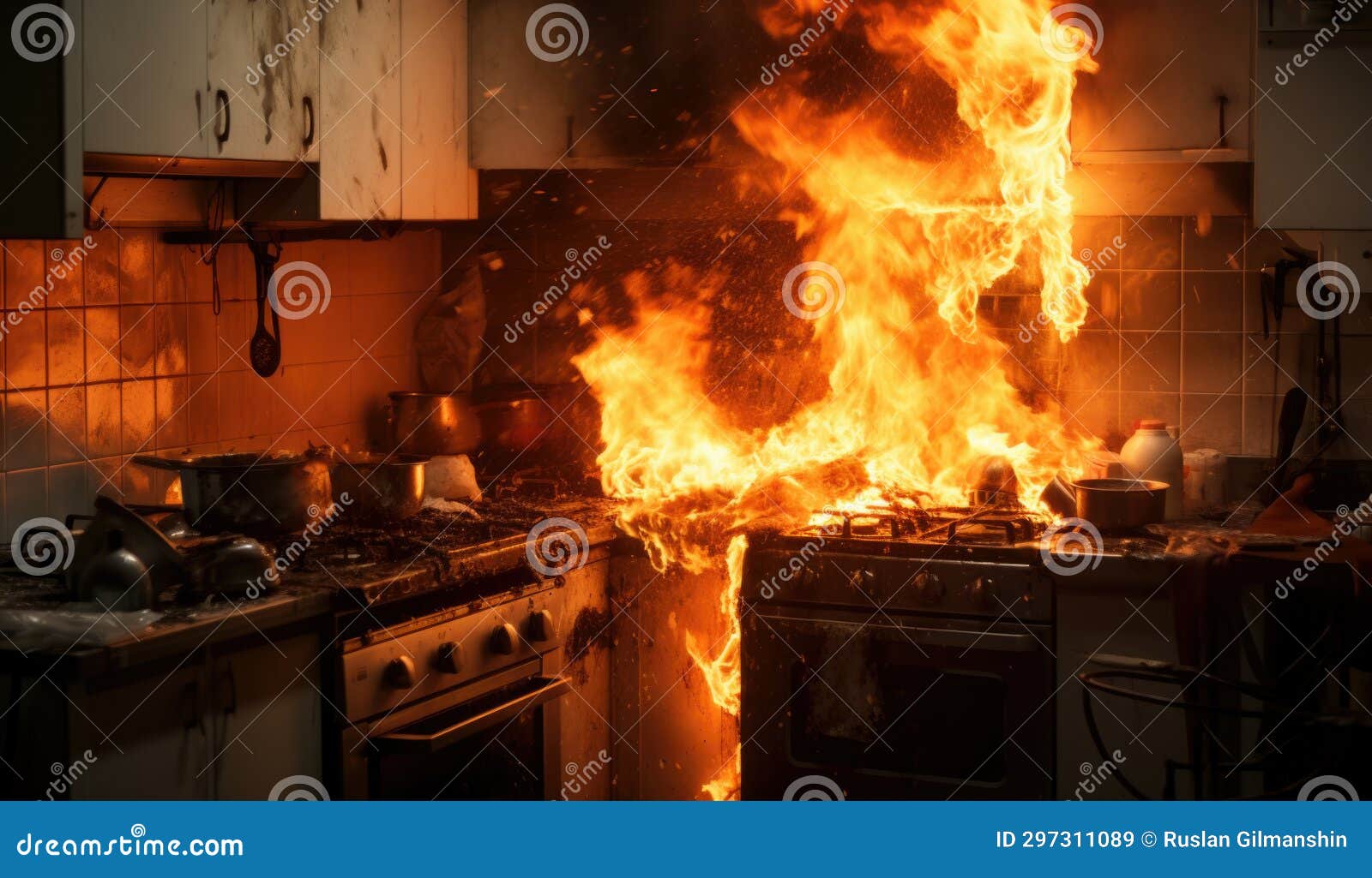 Fire, Explosion with Red Flames of Fire in the Kitchen Stock Image ...