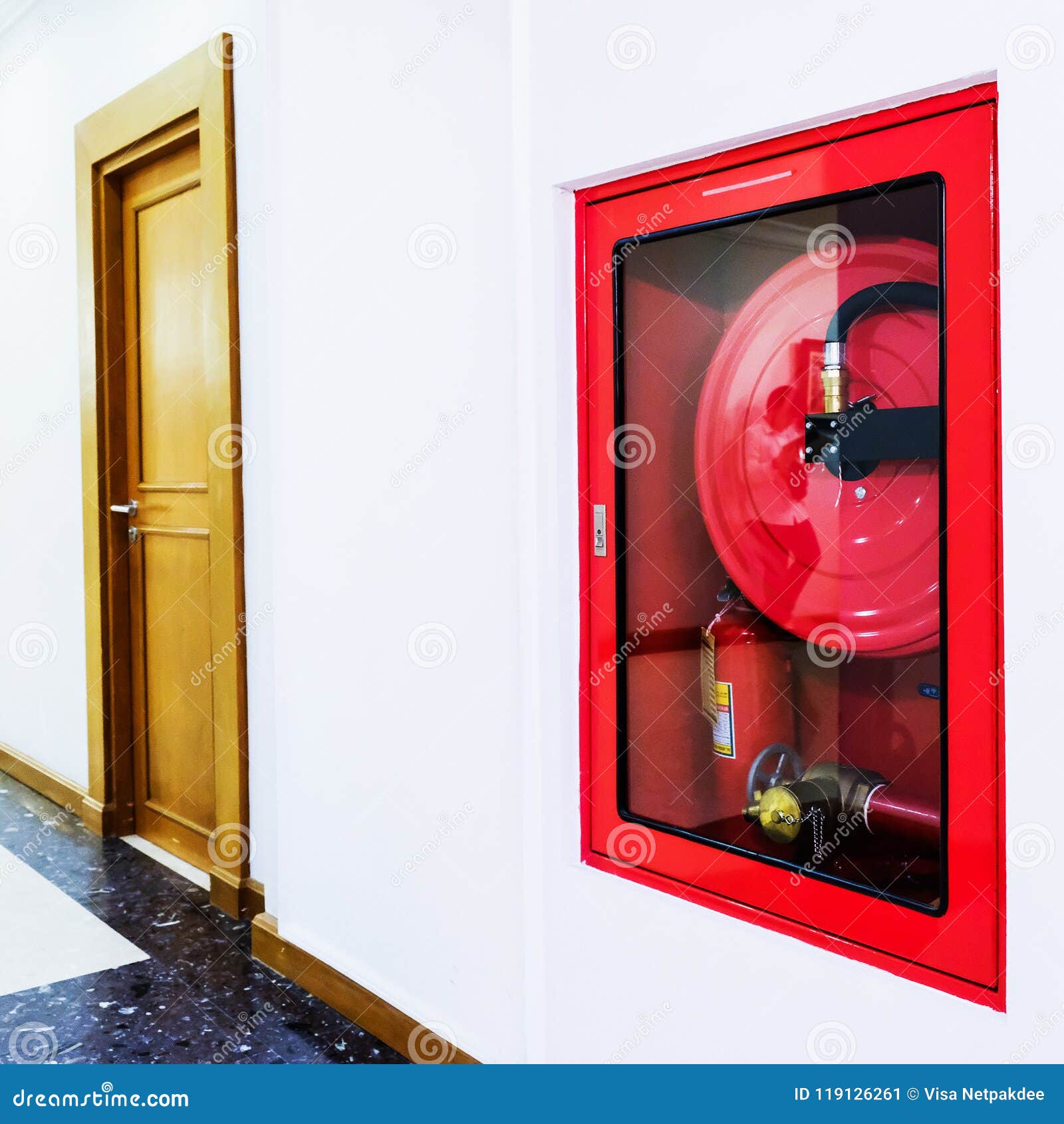 Fire Extinguisher in the Building Stock Image - Image of exit, open ...