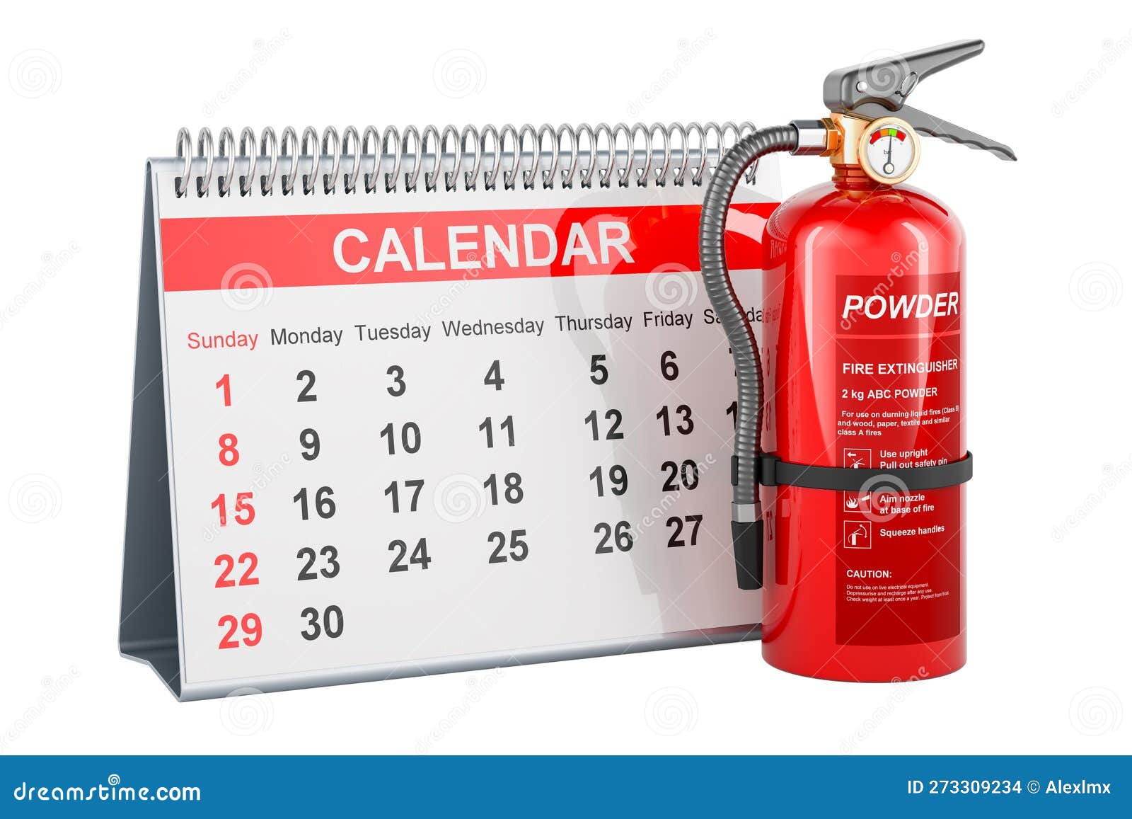 Fire Extinguisher with Desk Calendar. 3D Rendering Stock Illustration ...