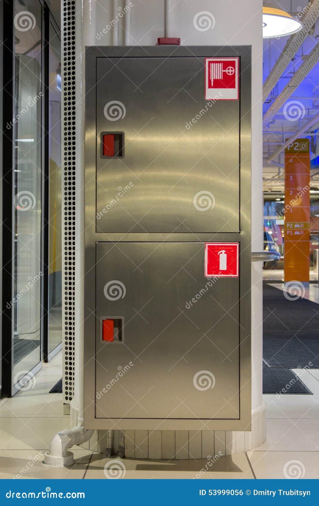 Fire Extinguisher and Fire Hose in Mall Stock Photo - Image of ...