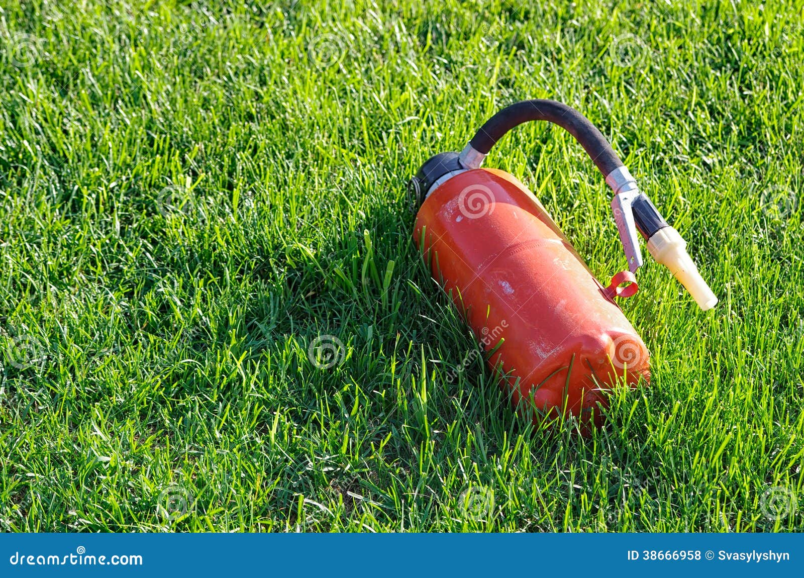 Fire Extinguisher Laying on Green Grass Stock Photo - Image of bright ...