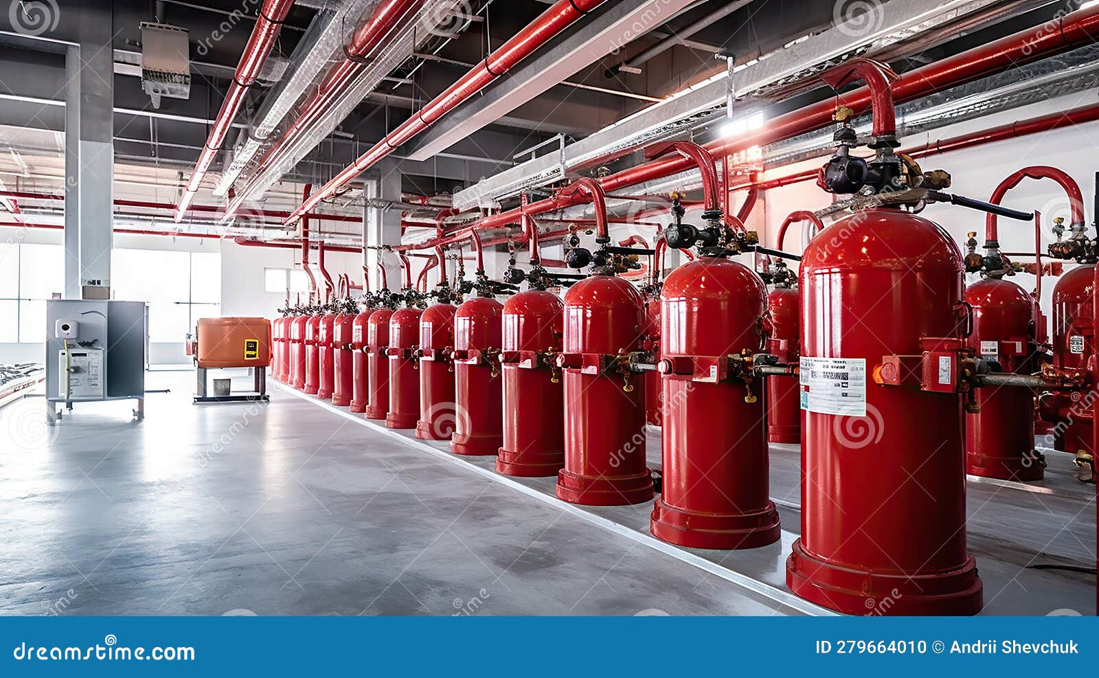 Fire Extinguishers In A Row In A Building Under Construction. Industry ...