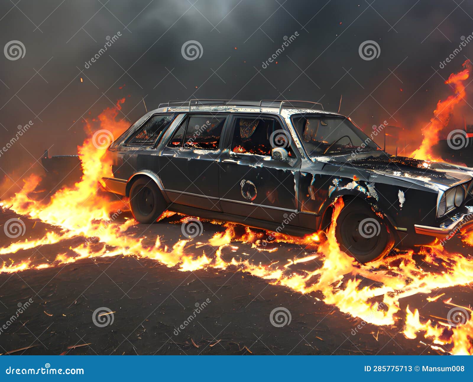 Fire in the Field, Car Burning, Ai Generated Stock Illustration ...