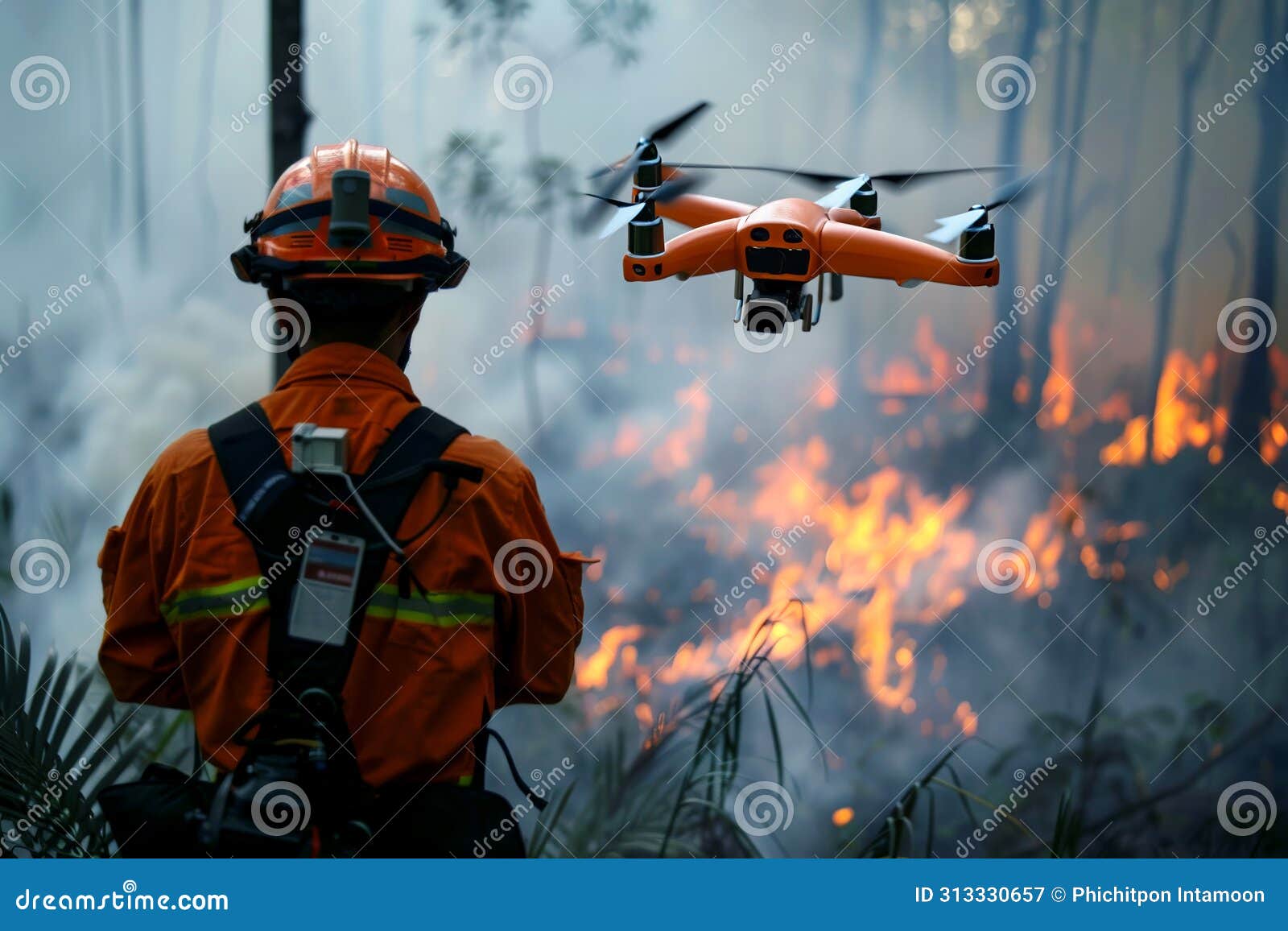 Fire Fighter Controlling Drone in Fire Forest, Smart IOT Concept. Ai ...