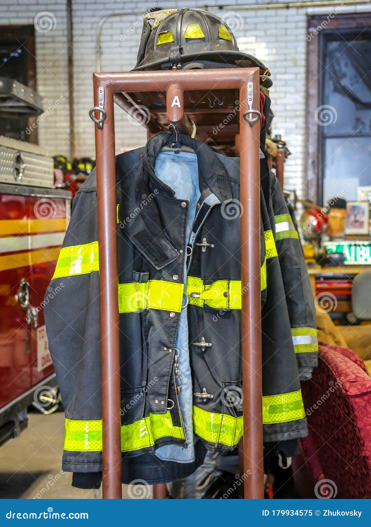 Fire Fighter Gear at Fire Station Stock Image - Image of catastrophe ...