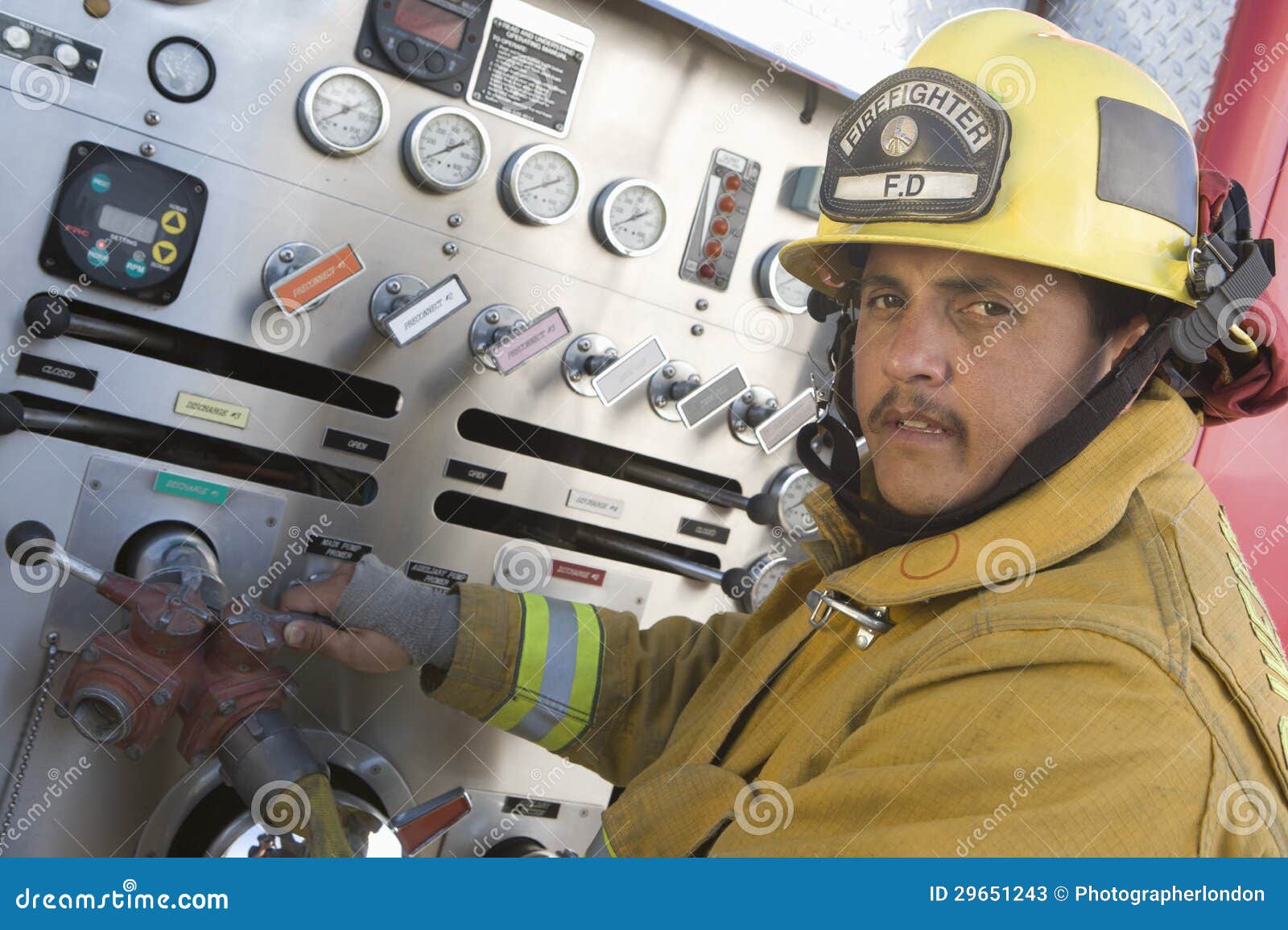 Fire Fighter Turning on Water Gauge Stock Image - Image of fighter ...