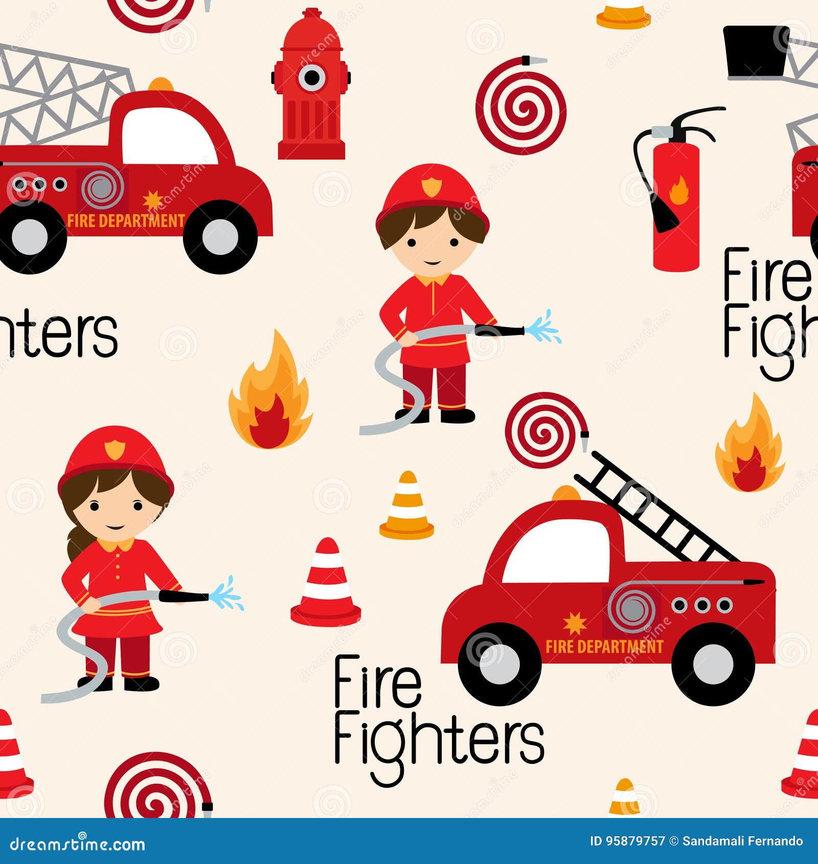 Fire Fighters Seamless Pattern Stock Illustration - Illustration of ...