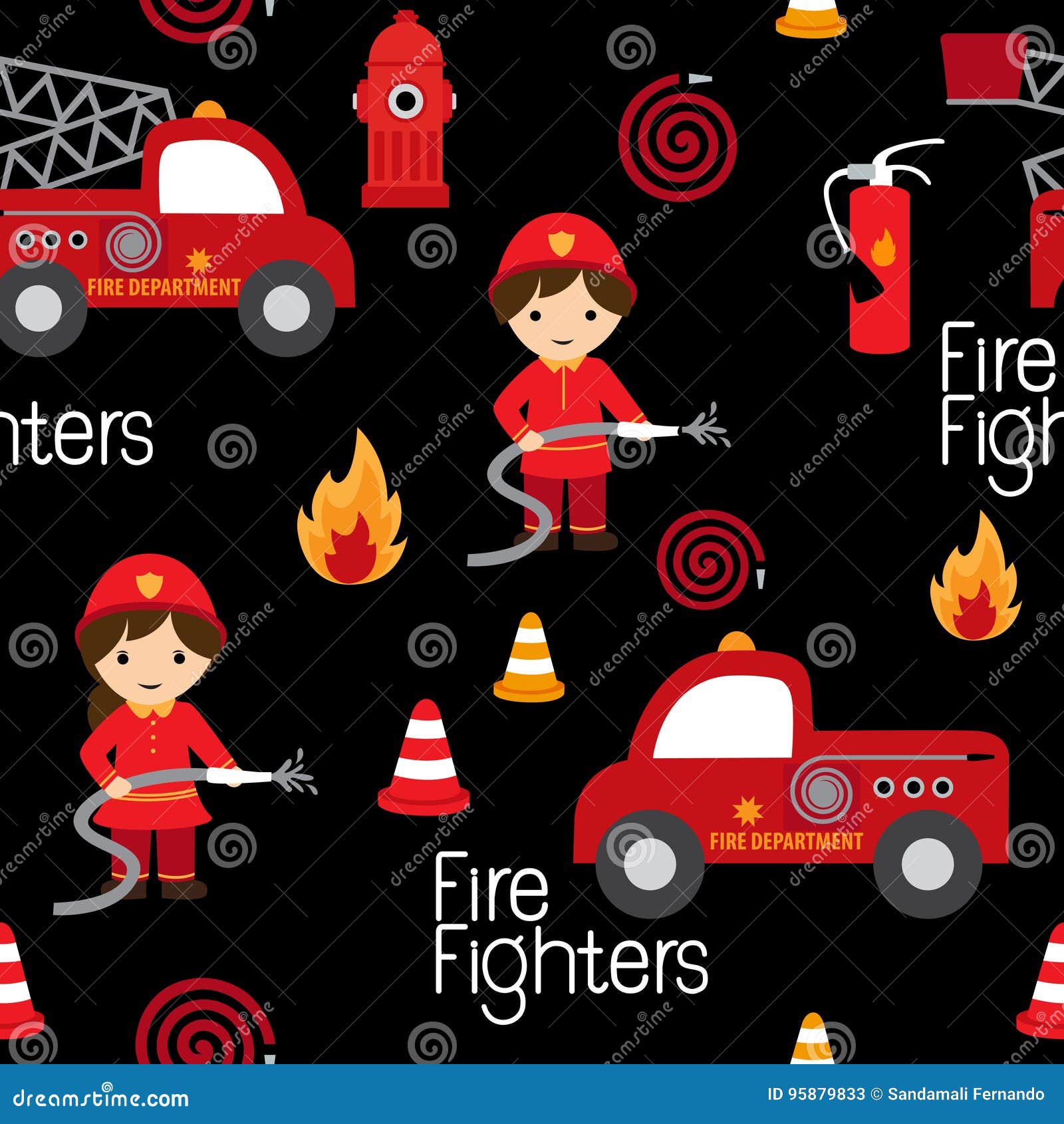 Fire Fighters Seamless Pattern Stock Illustration - Illustration of ...
