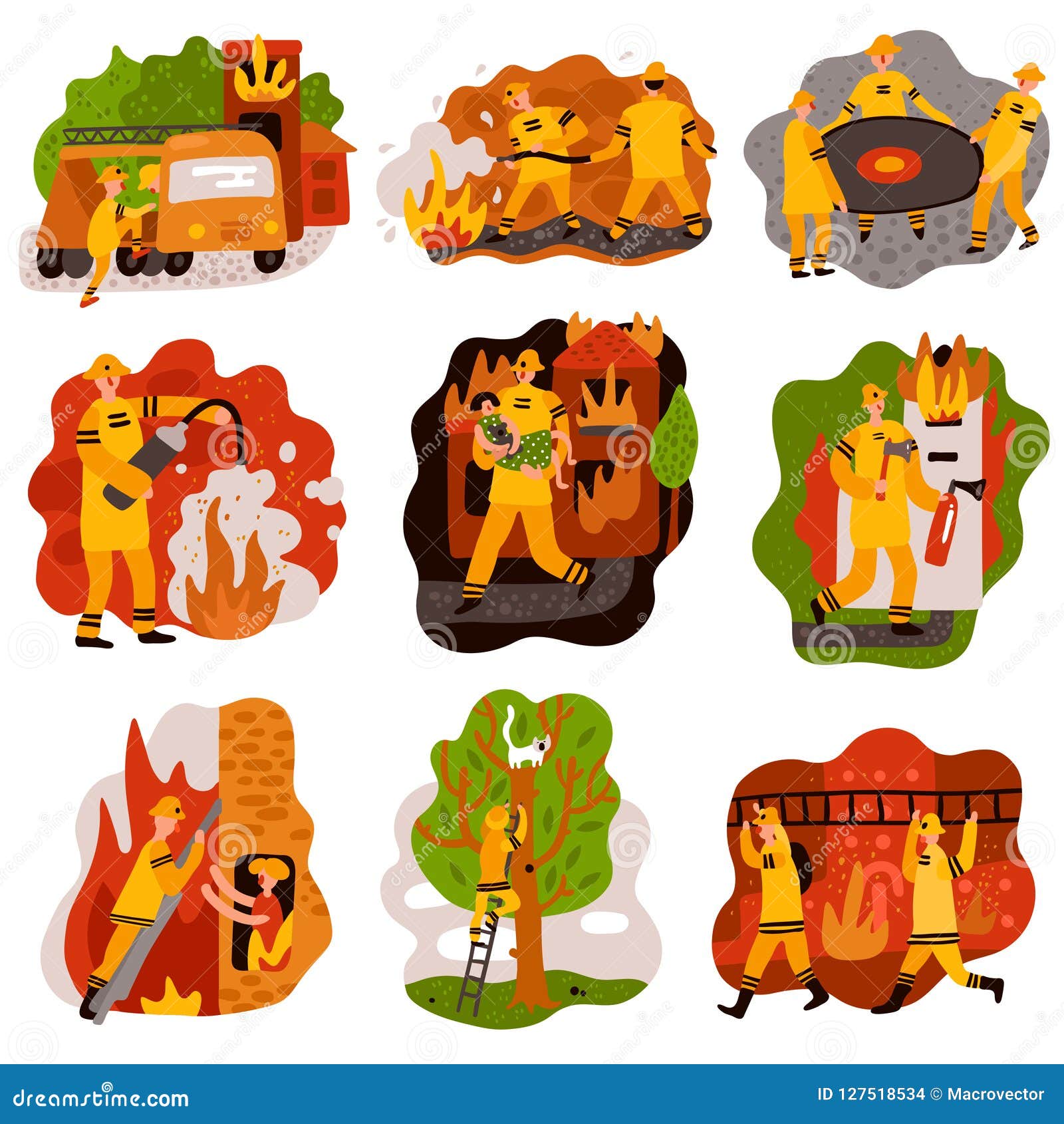 Fire Fighting Department Vector Set. Station And Firefighters ...