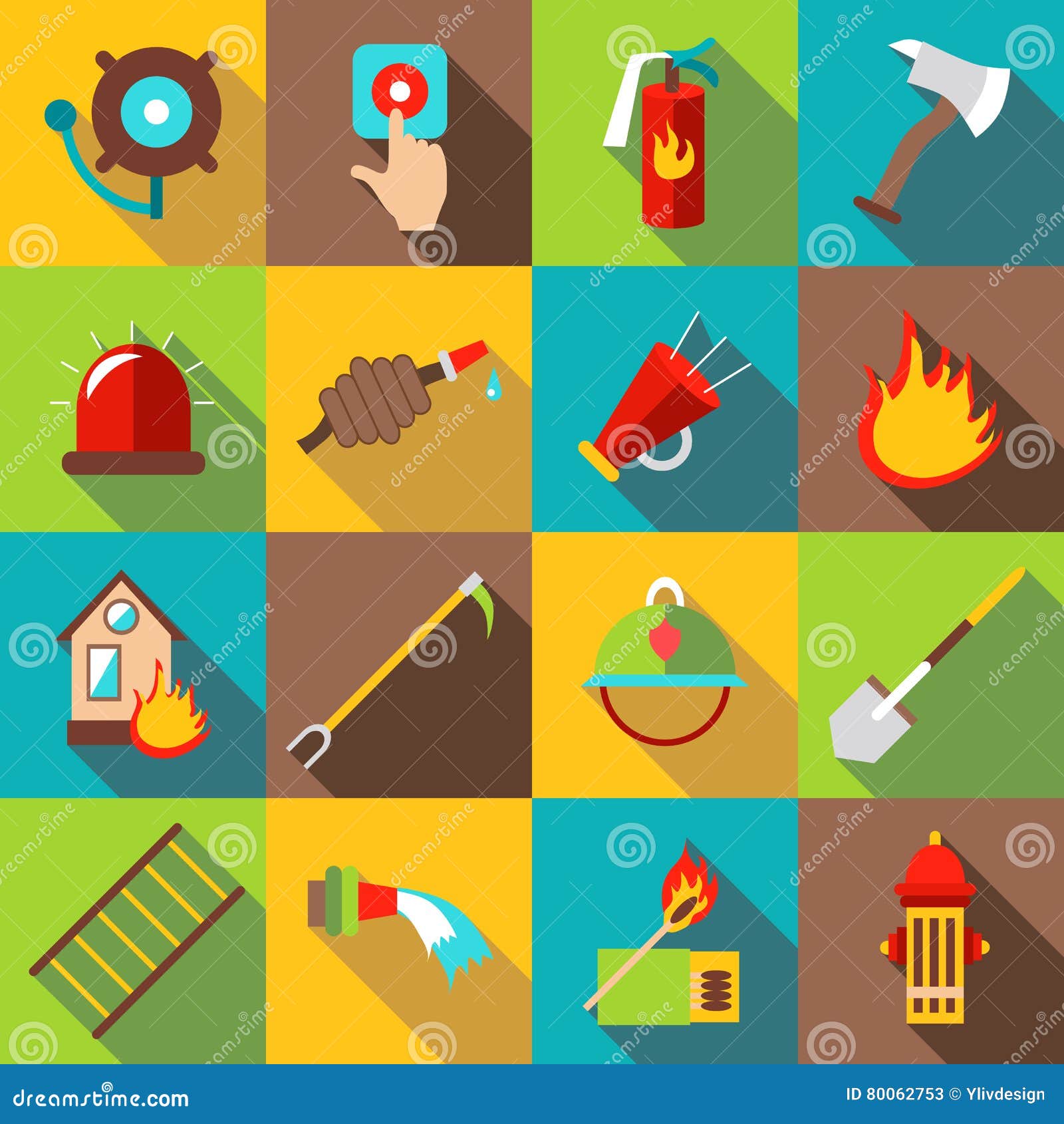 Fire Fighting Icons Set, Flat Style Stock Vector - Illustration of ...