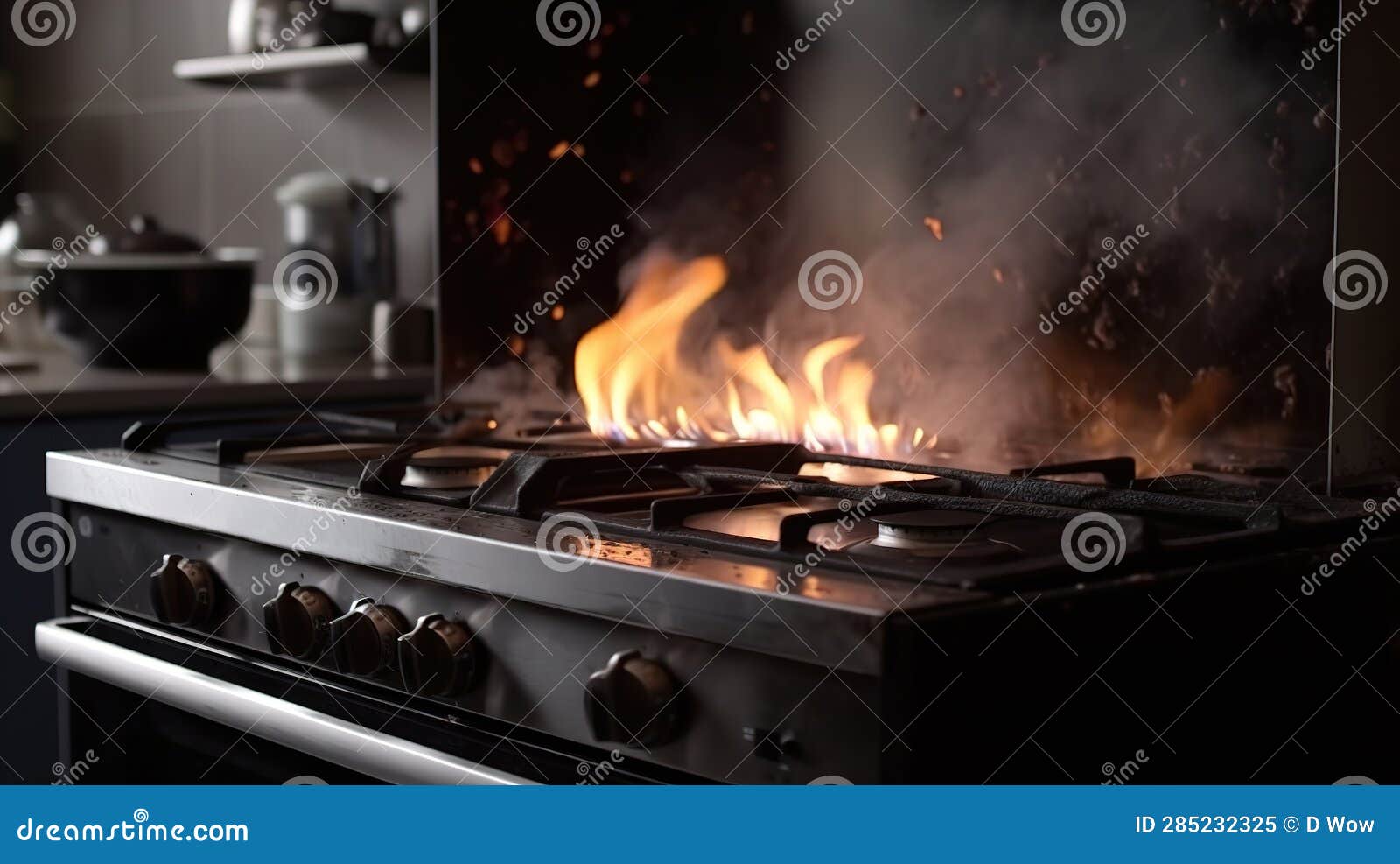 Fire or Fire in the Kitchen during Cooking, Fire on the Stove. Stock ...