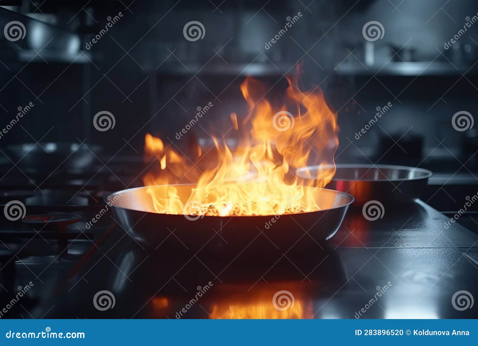 Fire in the Fire is Rising Up a Chefs Pan in the Kitchen, Created with ...
