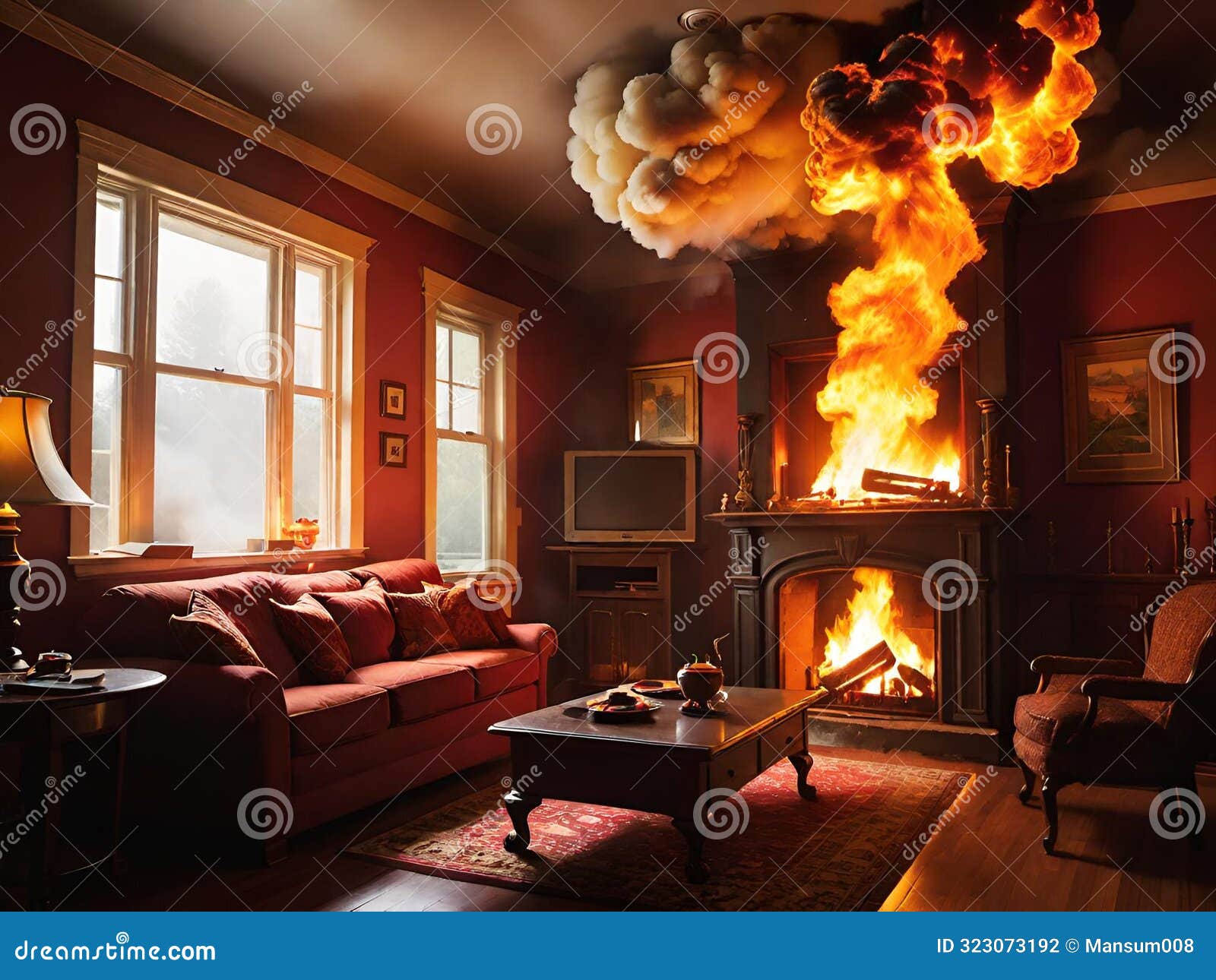 Fire with Fireplace in the Interior of a House Stock Illustration ...