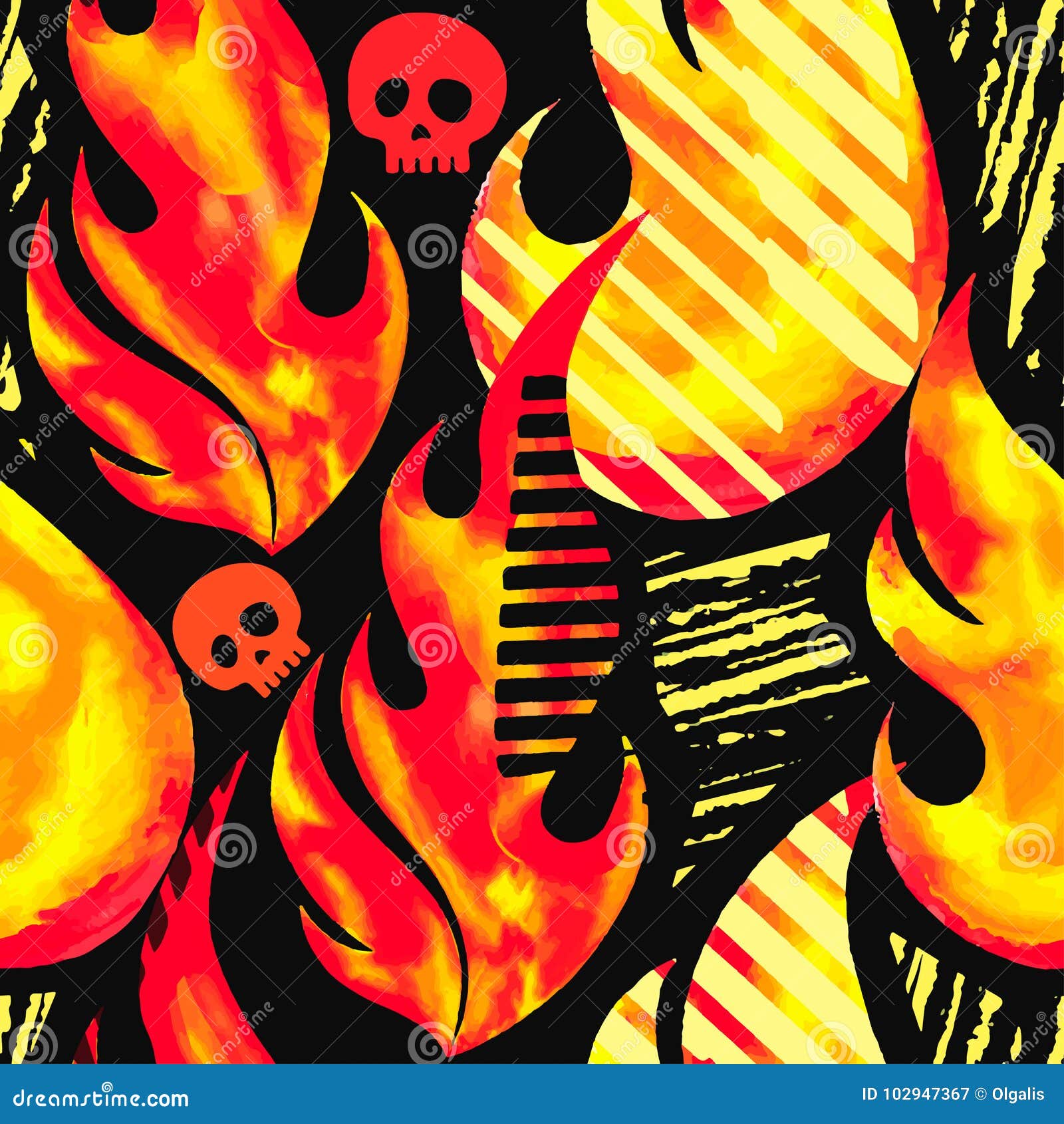 Fire Flame Seamless Pattern.Textile Ink Brush Strokes Stock ...