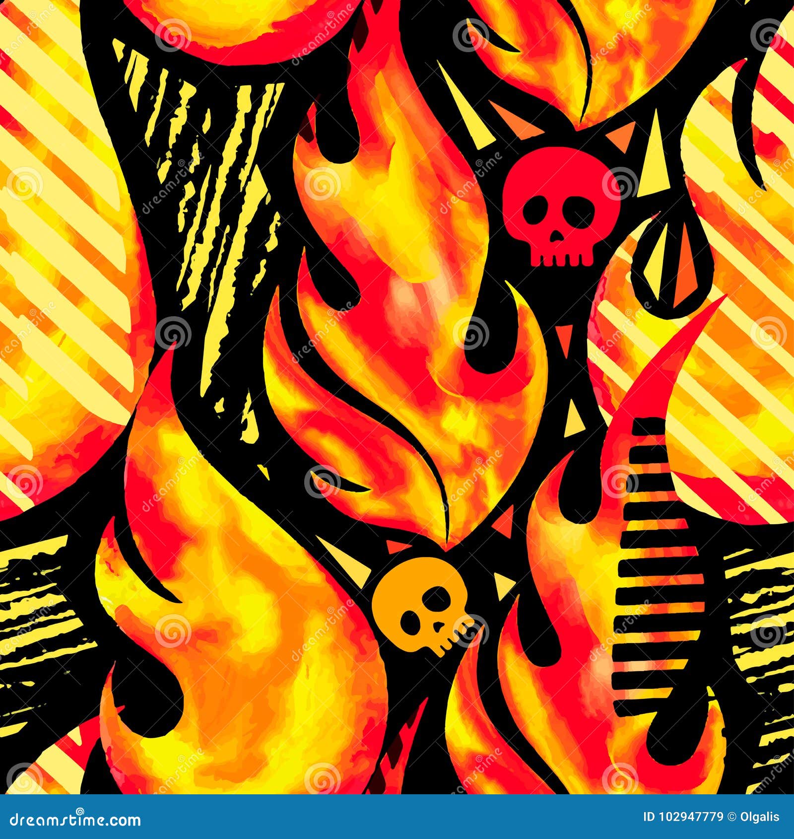 Fire Flame Seamless Pattern.Textile Ink Brush Strokes Stock ...