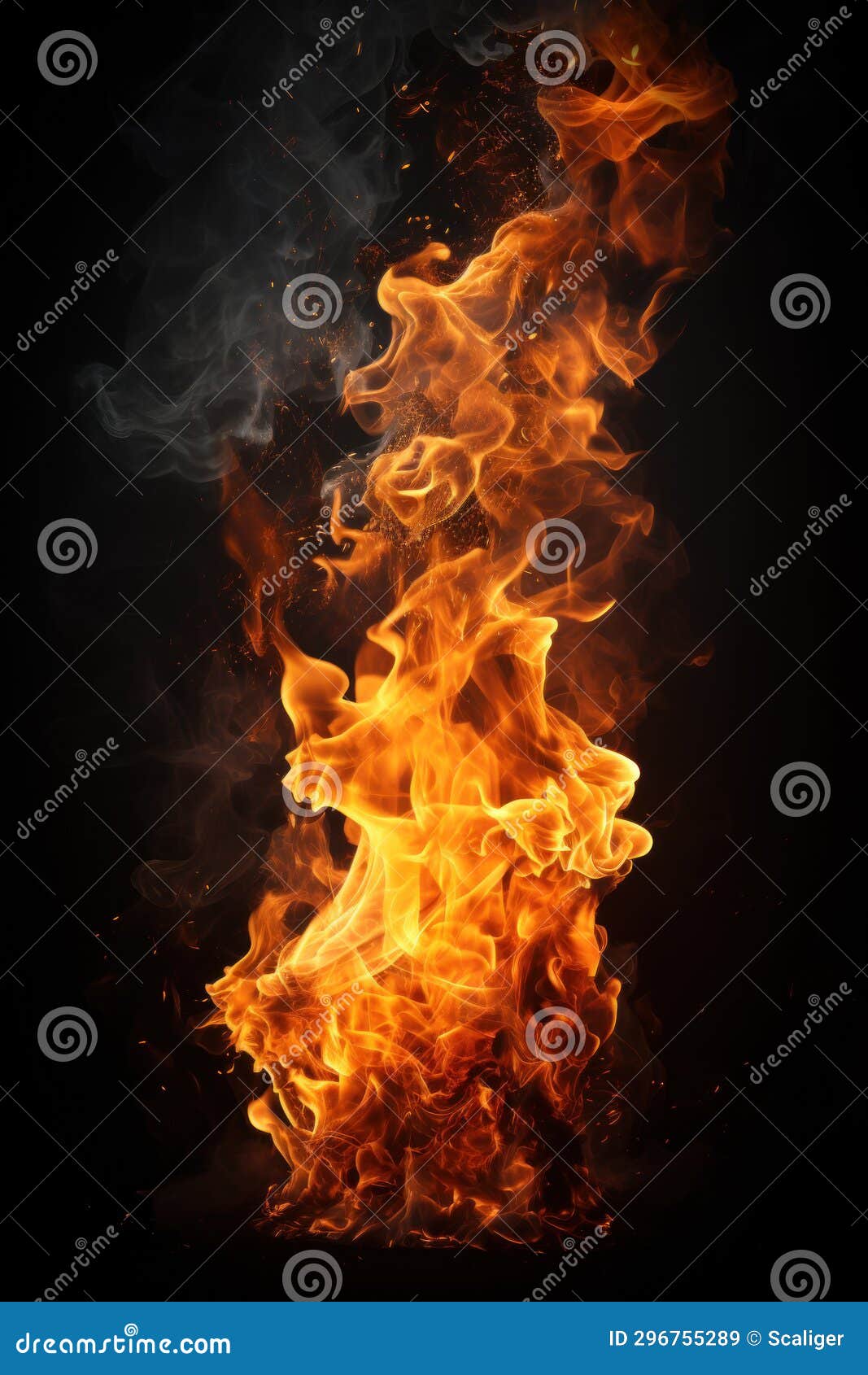 Fire Flame And Smoke Of Campfire Isolated On Black Background, Vertical ...