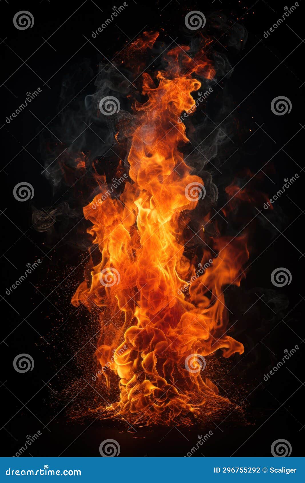 Fire Flame and Smoke Isolated on Black Background, Vertical Banner with ...