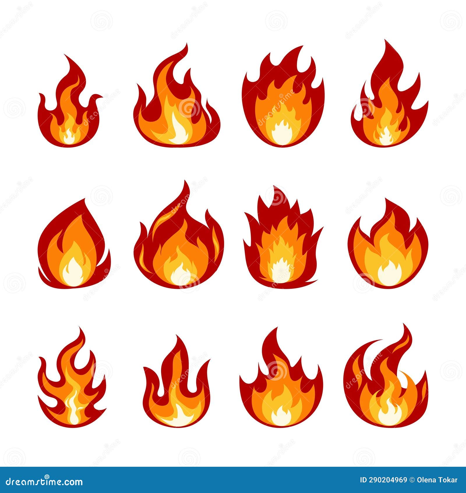 Fire Flames Cartoon Set Isolate on White. Vector Bonfire of Different ...