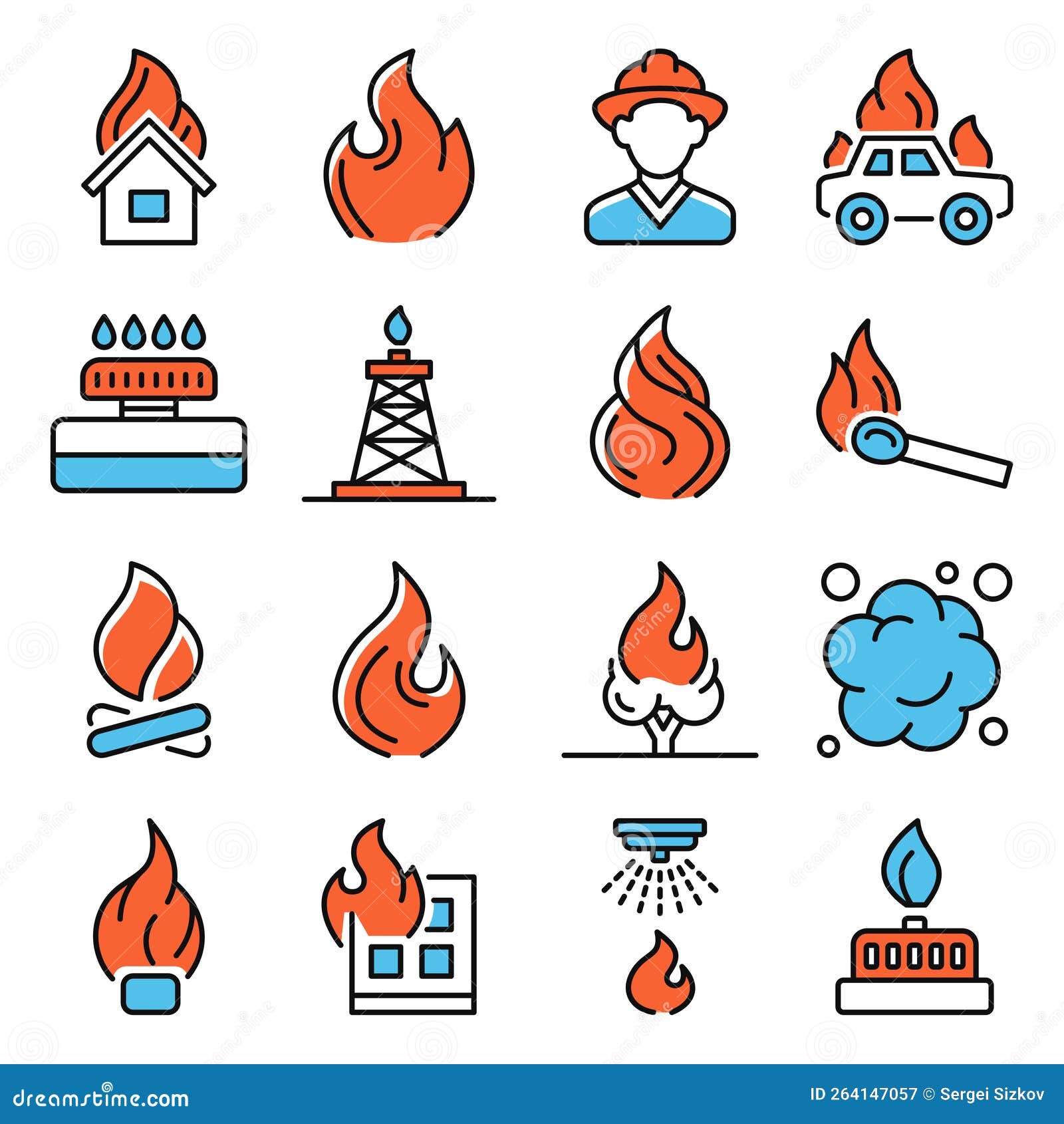 Fire Flames and Firefighting Icons Set on White Background. Vector ...
