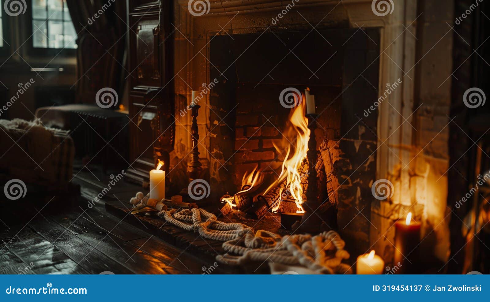 Fire Flames in Fireplace, Warm Cozy Interior Stock Illustration ...