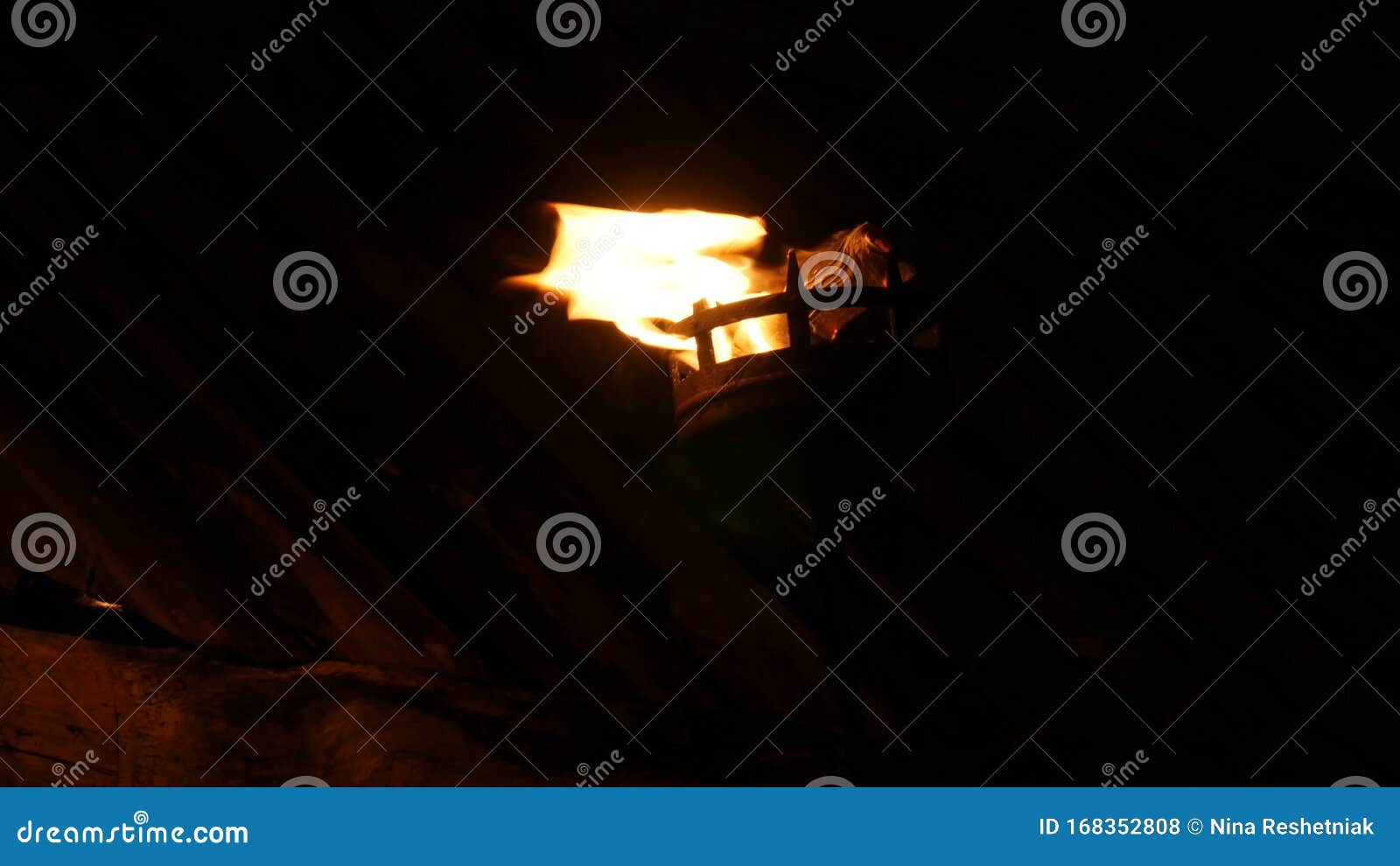 Fire Flames in Medieval Torch on in the Dark on Black Background Stock ...
