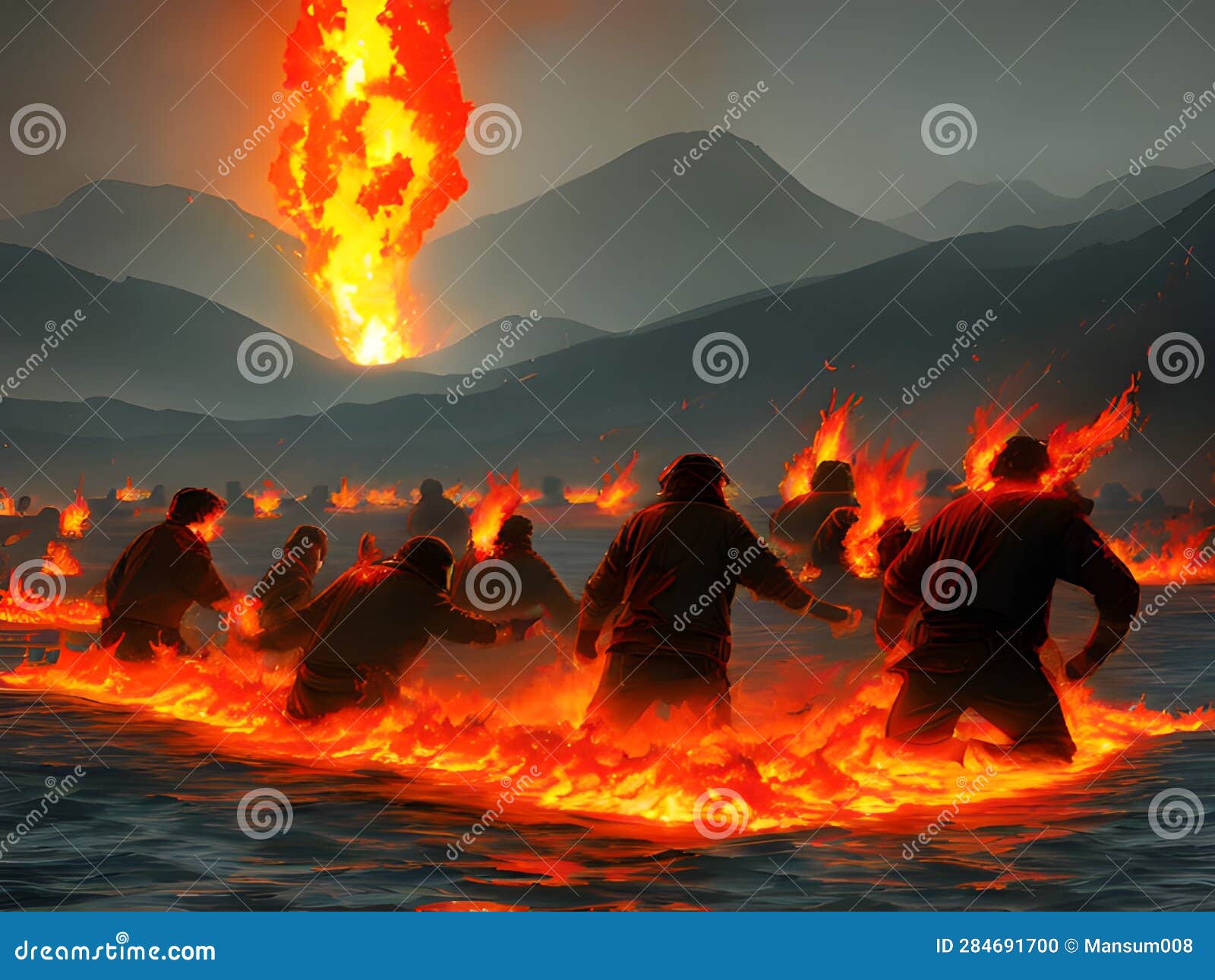 Fire Flames in the Mountains , People in the Hell, Ai Generated Stock ...