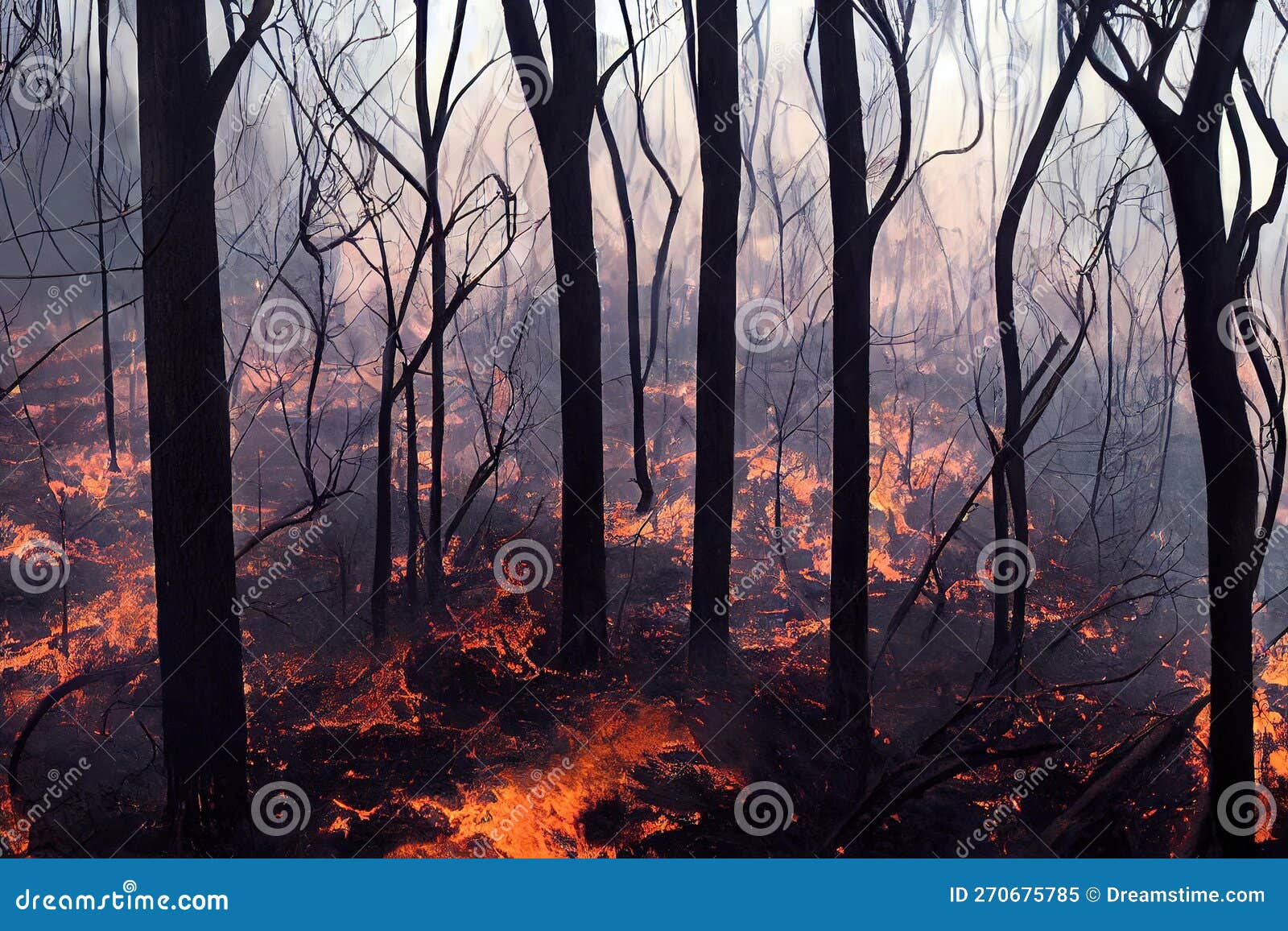 Dramatic Wildfire Destroying A Forest, Dark Red Sky Filled With Heavy ...