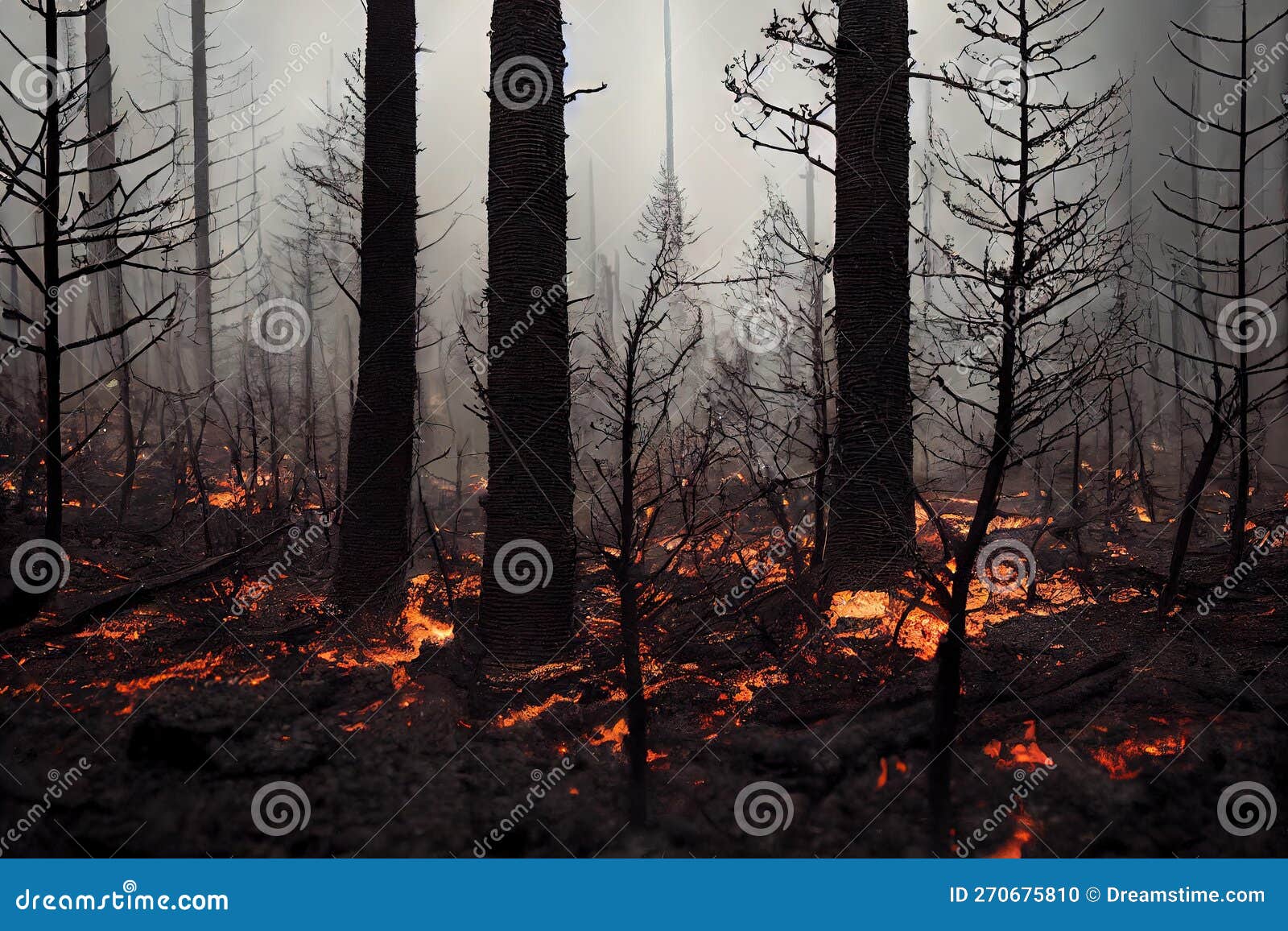 Fire Flare In Forest With Smoke Among Trees Dramatic Background. Strong ...