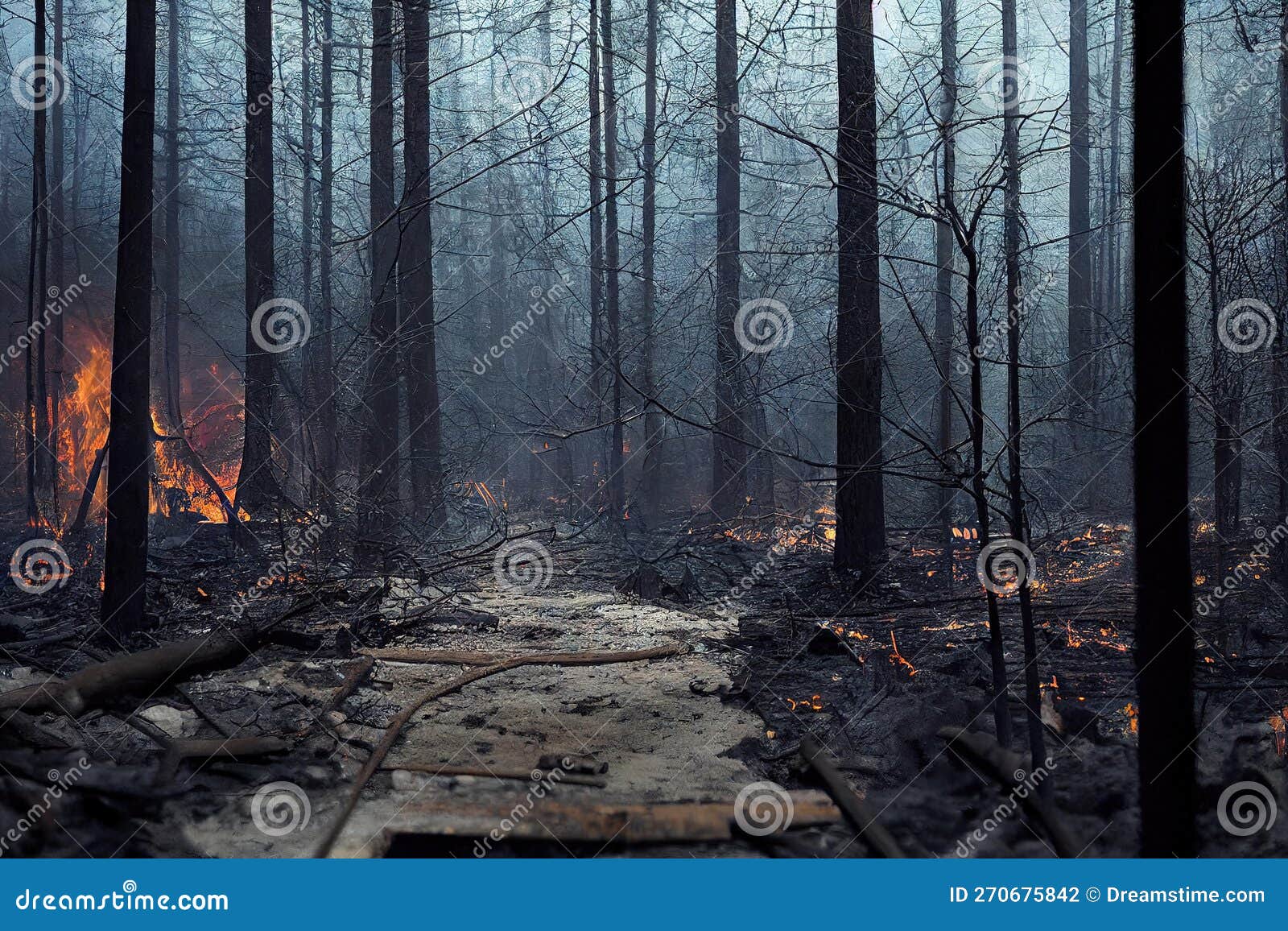 Fire Flare In Forest With Smoke Among Trees Dramatic Background. Strong ...