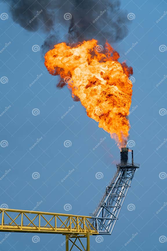 Fire on Flare Stack at Offshore Oil and Gas Central Processing Platform ...