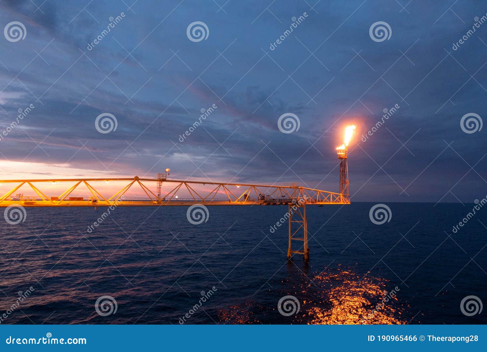 Fire on Flare Stack at Oil and Gas Central Processing Platform while ...