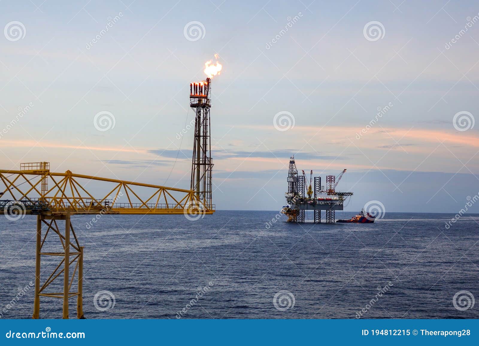 Fire on Flare Stack at Oil and Gas Central Processing Platform while ...